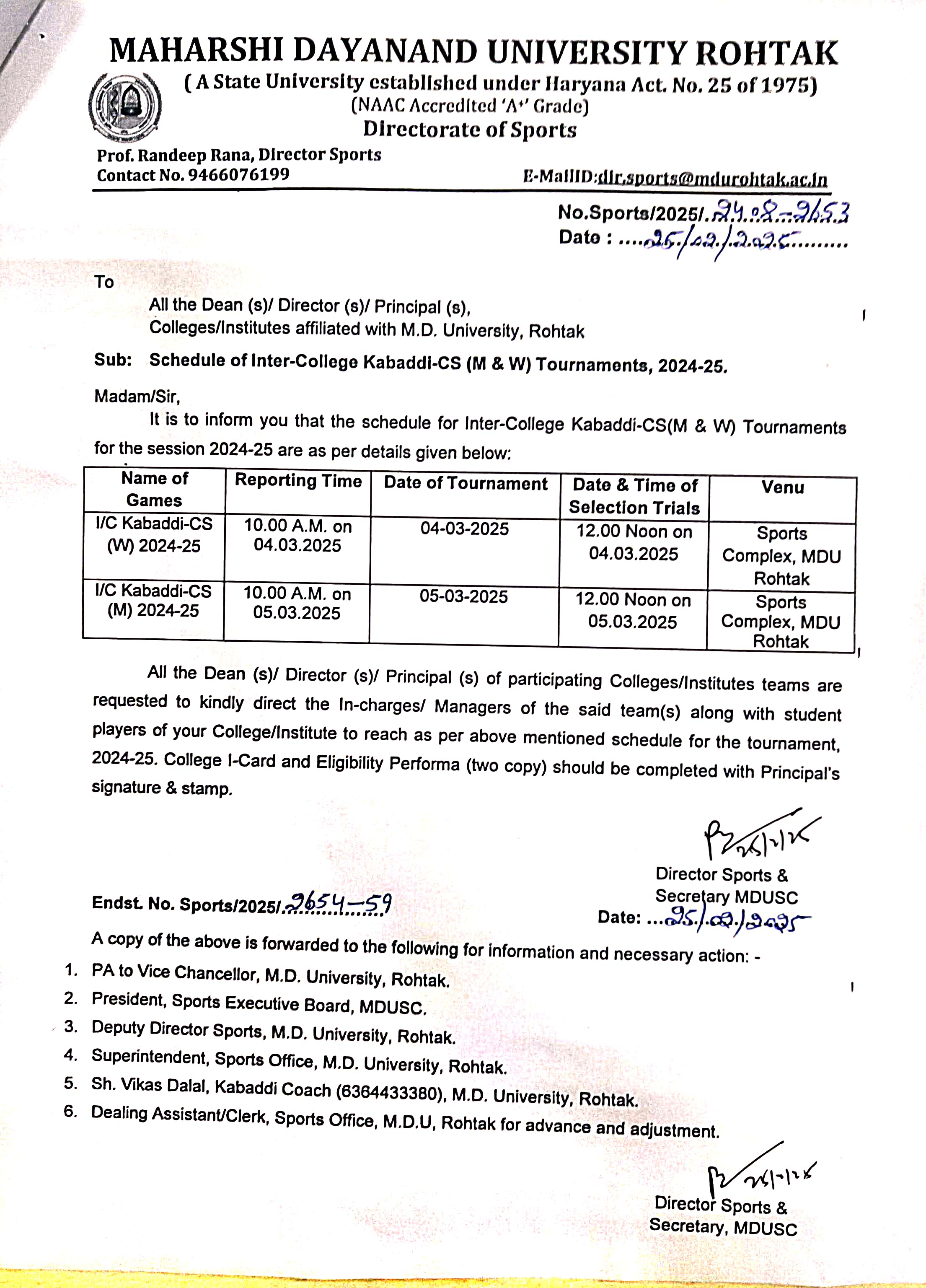 Schedule of inter college -cs (M&W)Tournaments, 2024-25